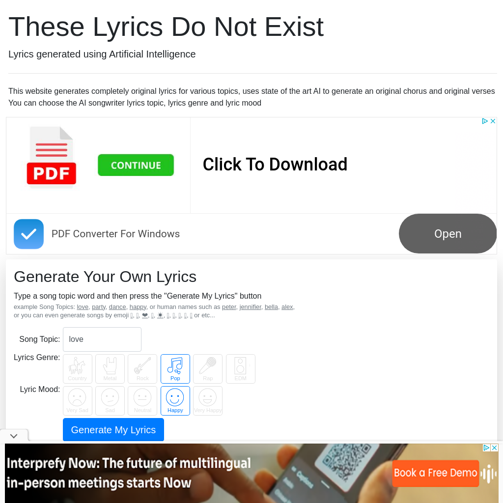 AI Lyrics Generator - Artificial Intelligence Songwriter – These Lyrics Do Not Exist