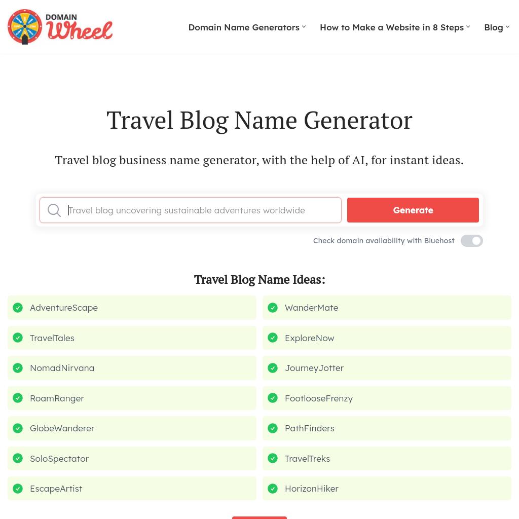 Travel Blog Name Ideas Generator - 무료 AI 여행 블로그 이름 생성기 - DomainWheel