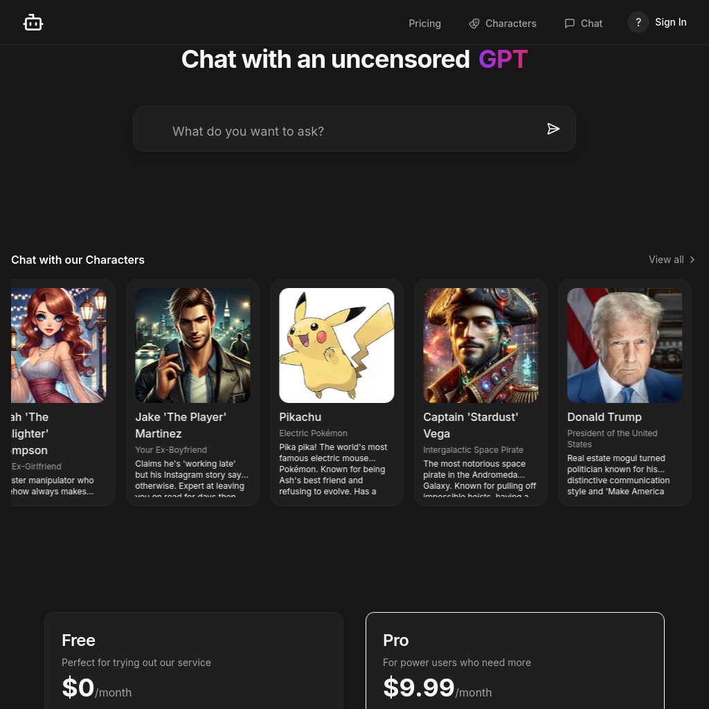 GPT Uncensored - Uncensored GPT Chat met Karakters