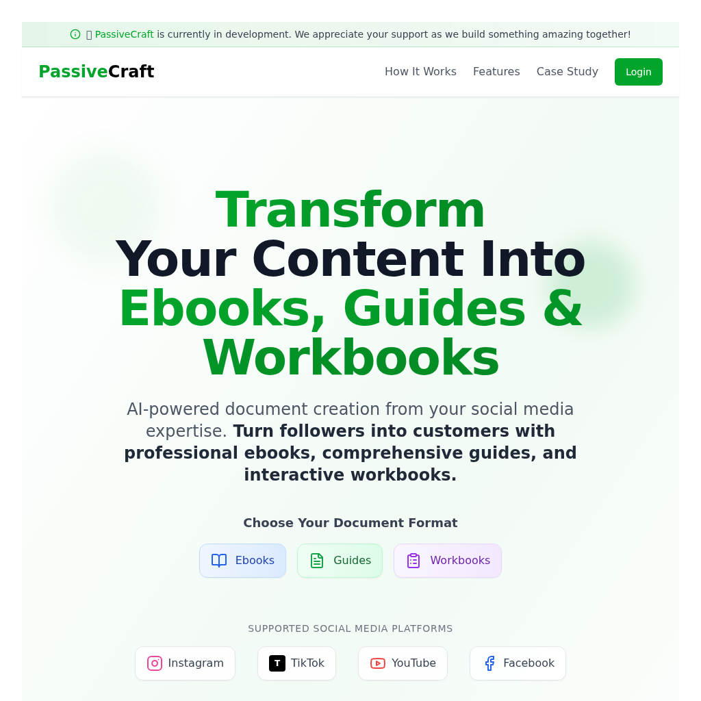 PassiveCraft - AI-Powered Tool to Transform Social Media Content into Ebooks, Guides & Workbooks