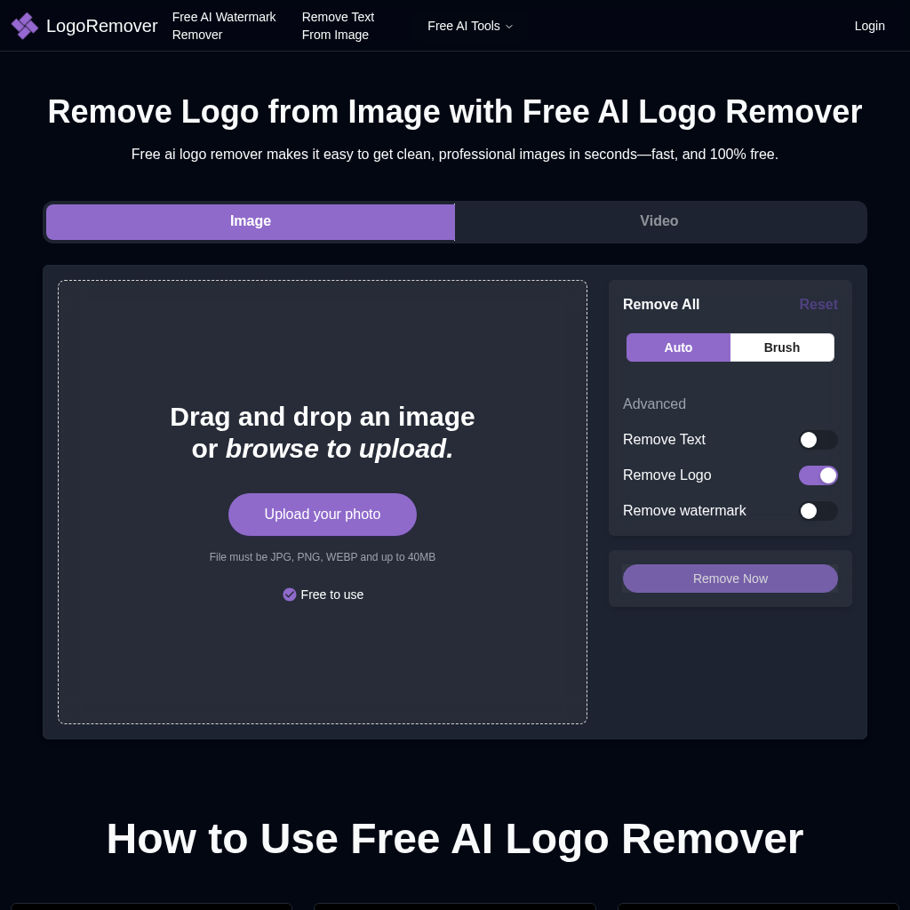 Free AI Logo Remover-LogoRemover AI (no sign-up) - 免费AI去除水印工具