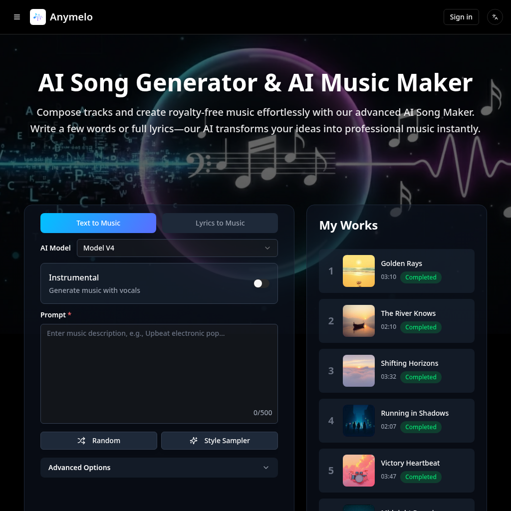 Anymelo - AI Music Generator & AI Song Maker - Create Music Effortlessly